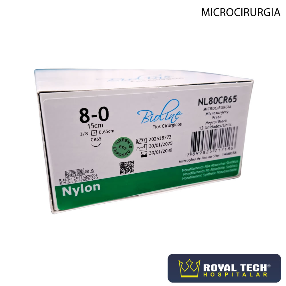 NYLON (8-0) 0.65CM - 3/8 CQ - 15CM (BIOLINE) - Royal Tech Hospitalar